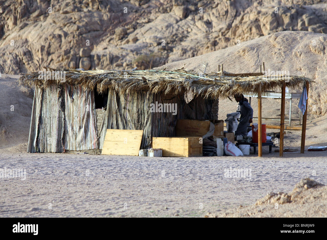 Man in shack under mountains in desert. Sharm el sheikh Egypt Stock ...