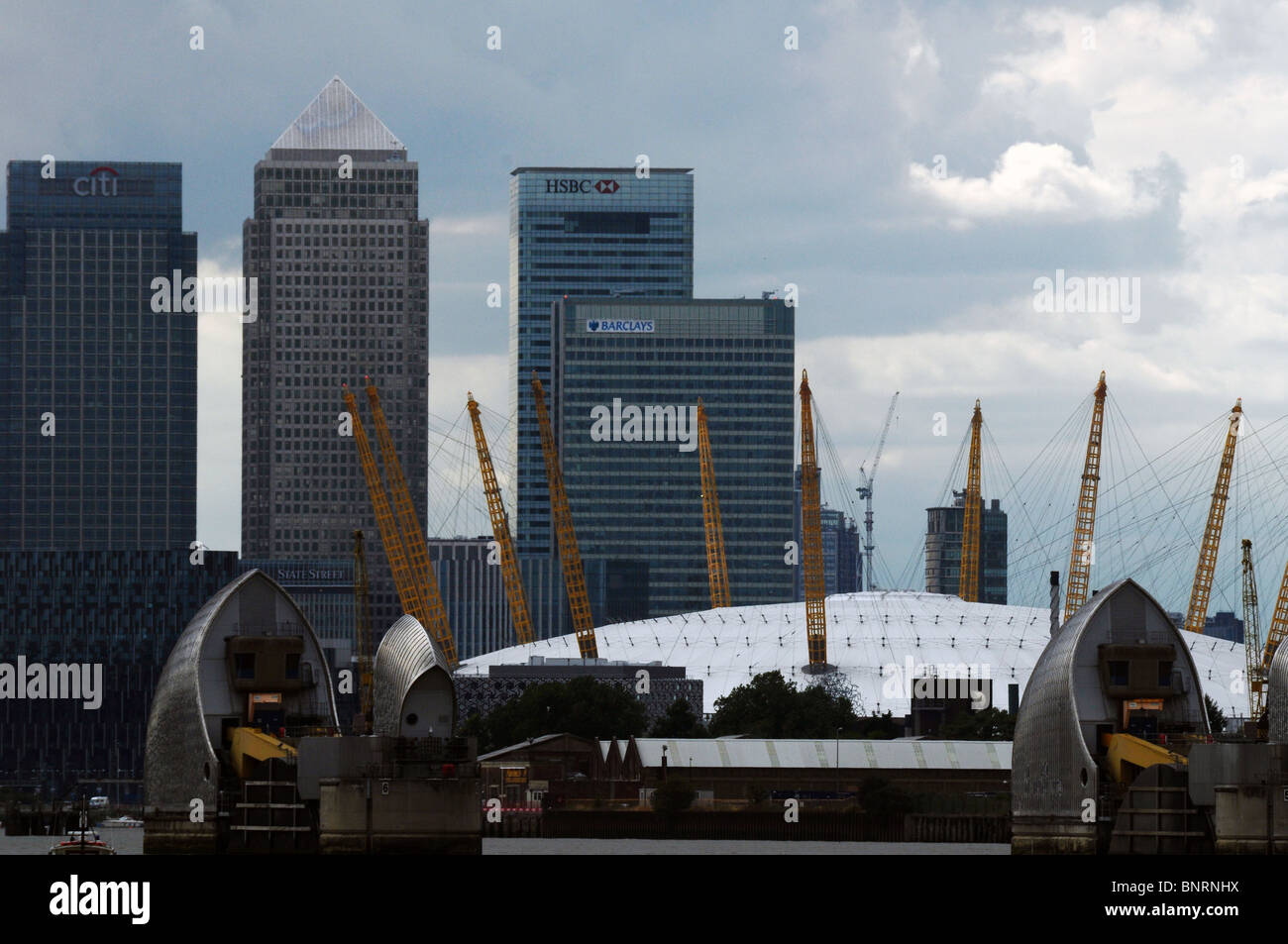 Canary Wharf, The O2 and the Thames Barrier Stock Photo - Alamy