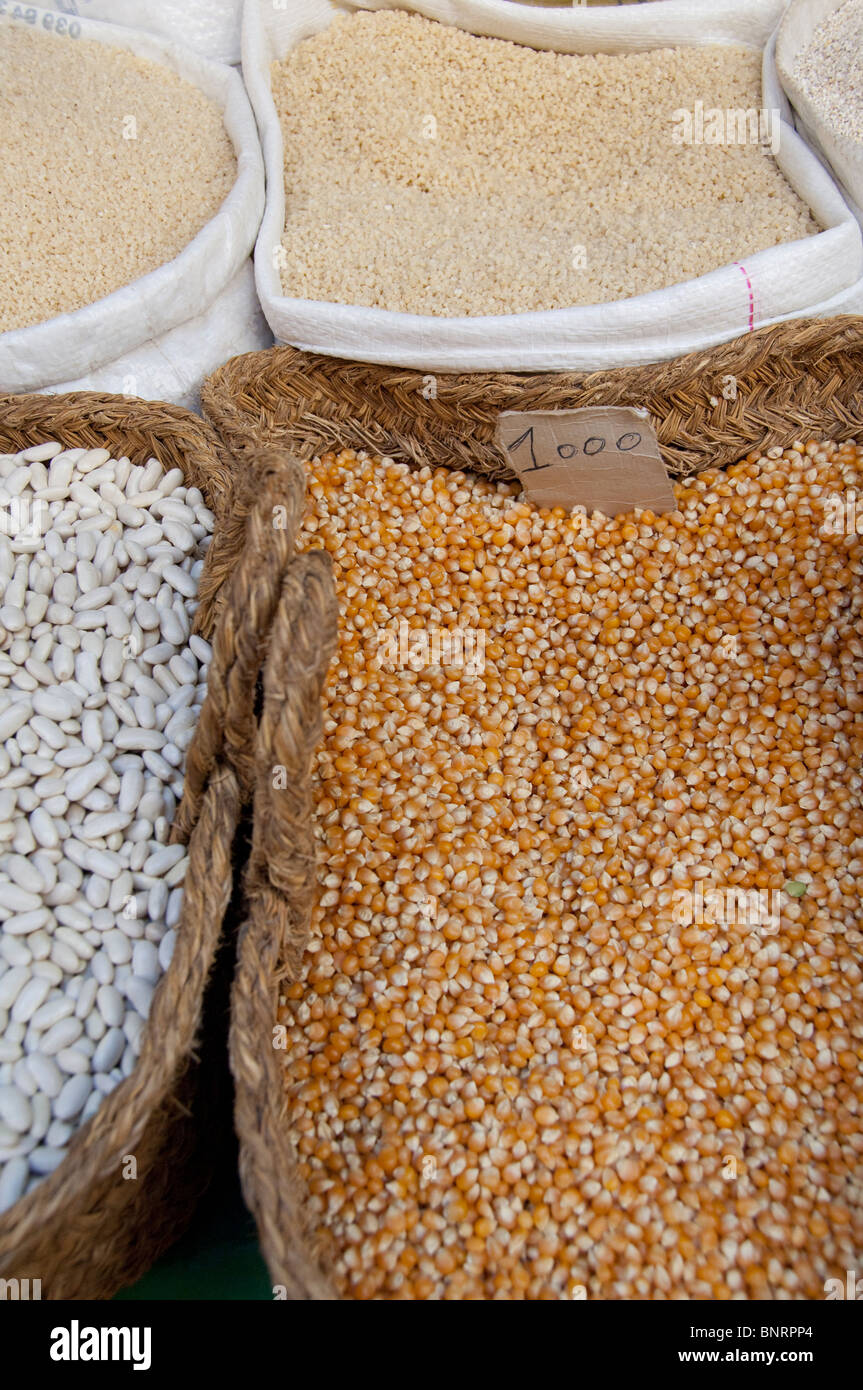 Morocco, Tetouan. Historic Medina bazaar. Assorted dry beans & corn in ...