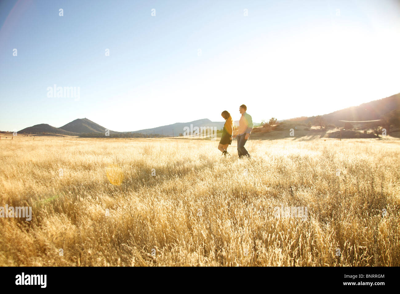Couple in the far distance walking together in an open field Stock ...
