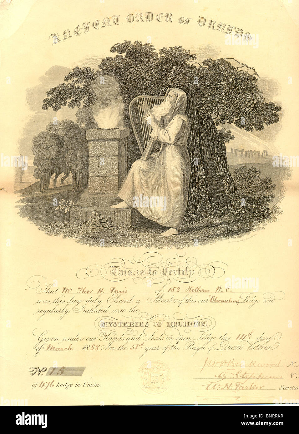 Election certificate to the Ancient Order of Druids 1888 Stock Photo ...