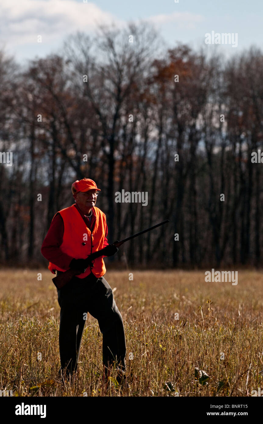 Older man bird hunting in a field with a shotgun Stock Photo - Alamy