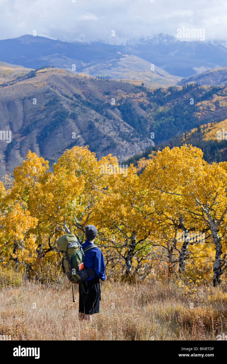 A male hiker overlooks fall colors in Colorado Stock Photo - Alamy
