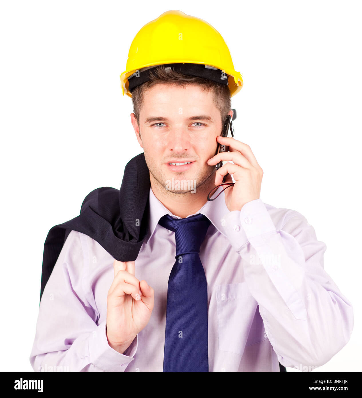 Construction worker talking on the phone Stock Photo - Alamy