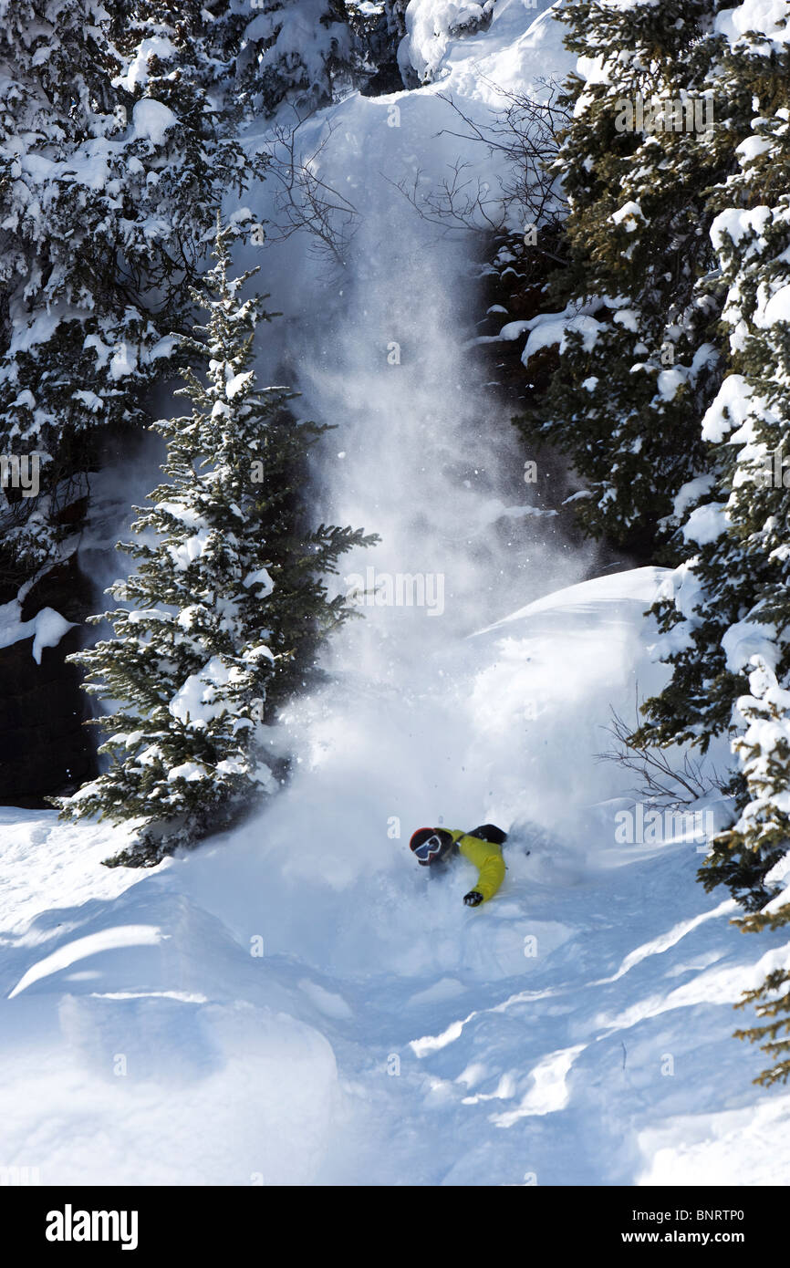 A snowboarder jumps off a cliff into powder in Colorado Stock Photo - Alamy