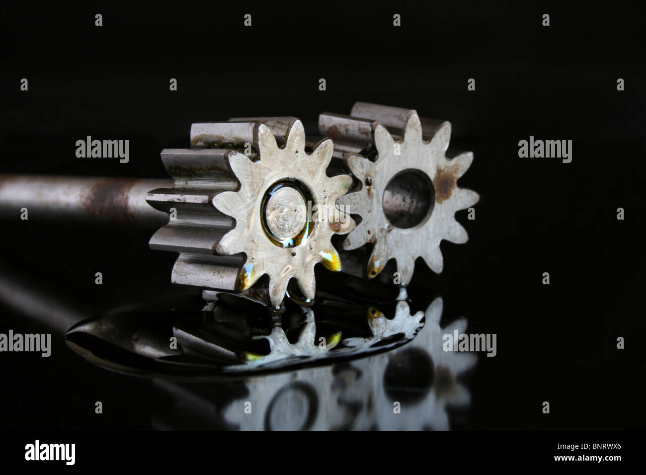Gears working together Cogs of oil pump with puddle od motor oli ...