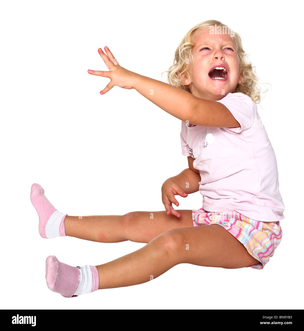 portrait of young caucasian little girl cry on white background Stock ...