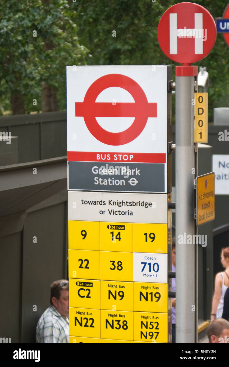 London England, bus stop signs and logos - Green Park Station towards ...