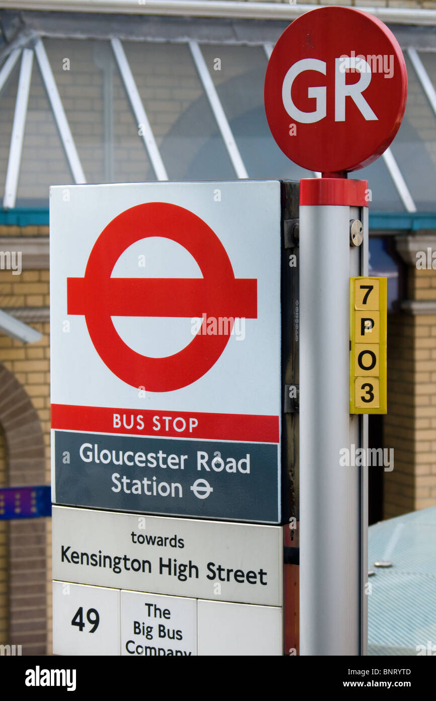 London England, bus stop signs and logos - Gloucester Road Station ...