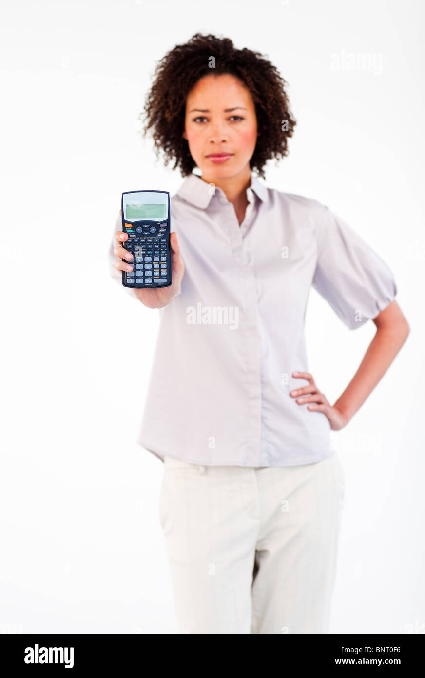 Hands businesswoman showing calculator hi-res stock photography and ...