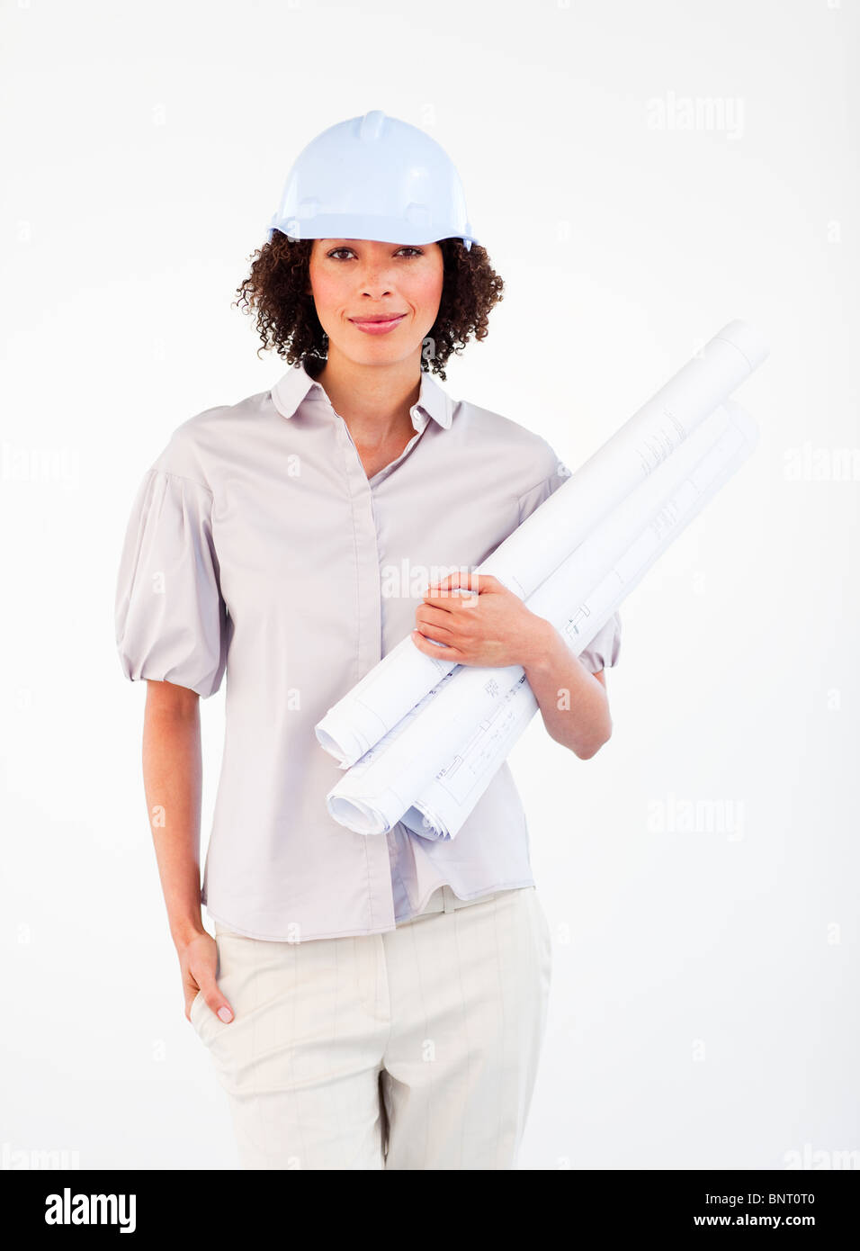 Female architect holding architectural plans Stock Photo - Alamy