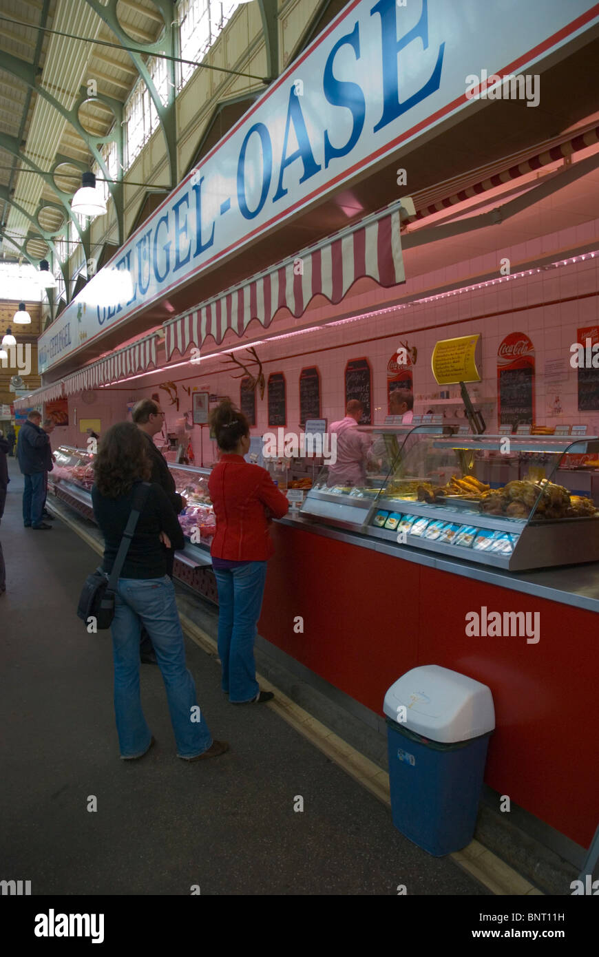 Meat stall at Arminius markthalle market hall Moabit west Berlin ...