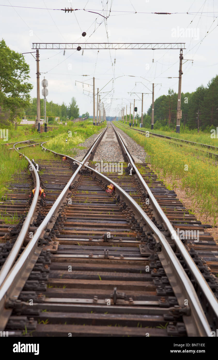 The railway - Switch, rails, sleepers, poles, wires Stock Photo - Alamy