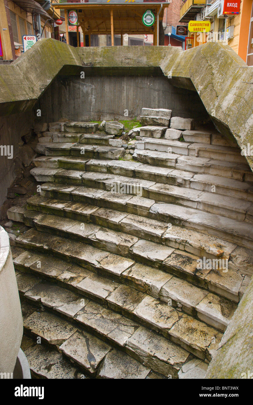 Roman ruins among central pedestrian street Plovdiv Bulgaria Europe ...