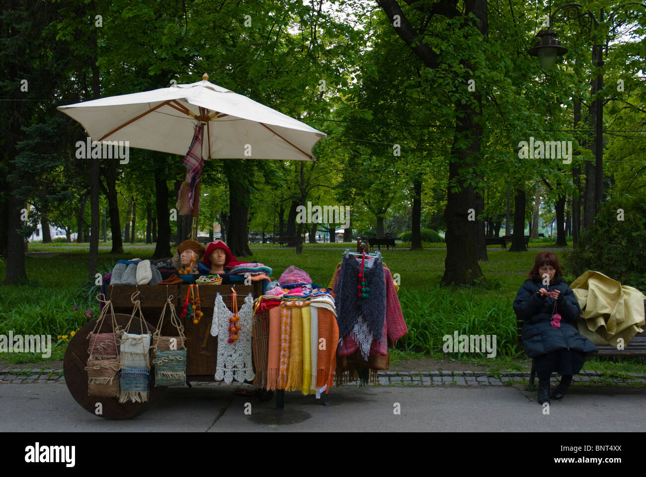 Souvenir stall and a knitting stallholder Kalemegdan park central ...