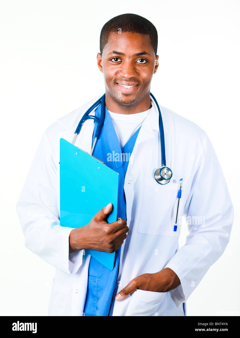 Happy doctor holding a clipboard Stock Photo - Alamy
