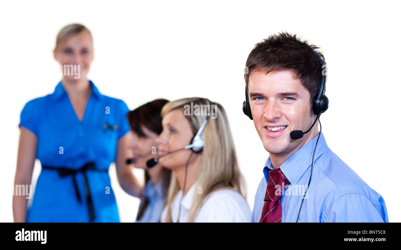 Businessman talking with headset Stock Photo - Alamy