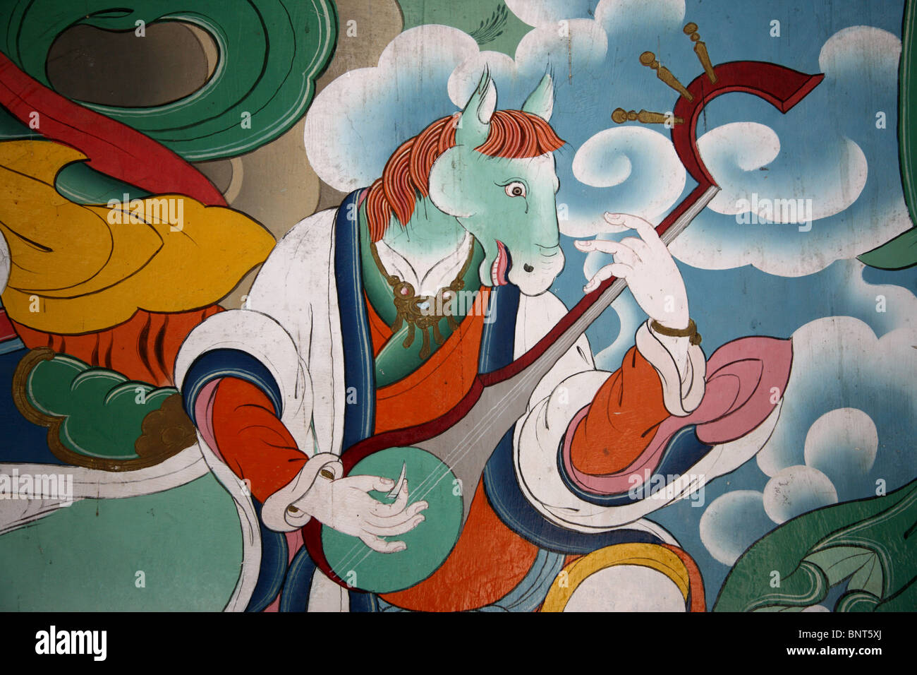 A detail of a mural in the Rumtek monastery in Sikkim near Gangtok ...