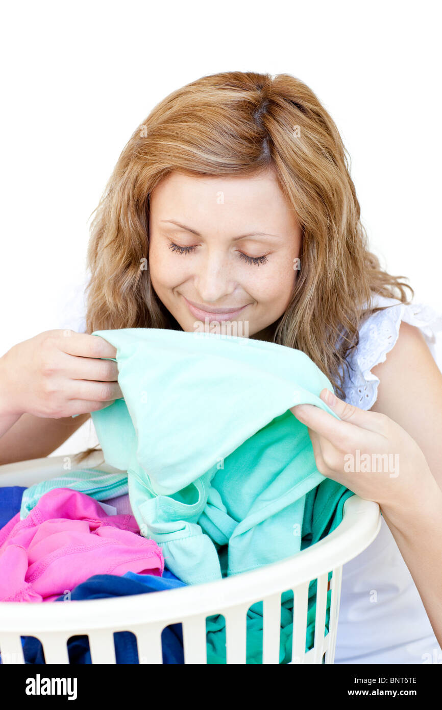 Charming woman doing laundry Stock Photo - Alamy
