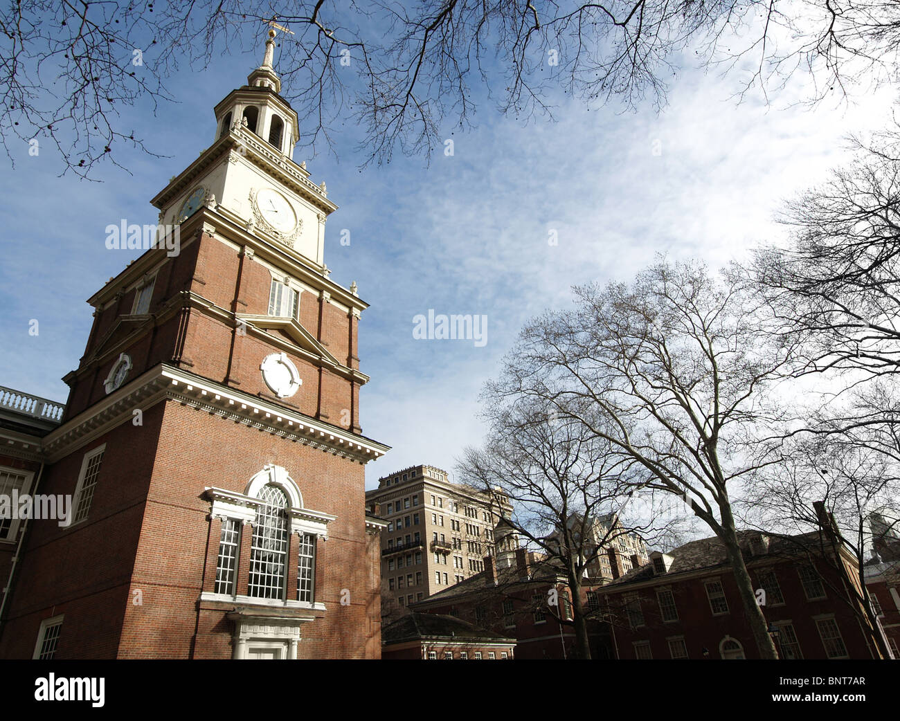 Afternoon light reflecting on the clock tower at Independence Hall ...