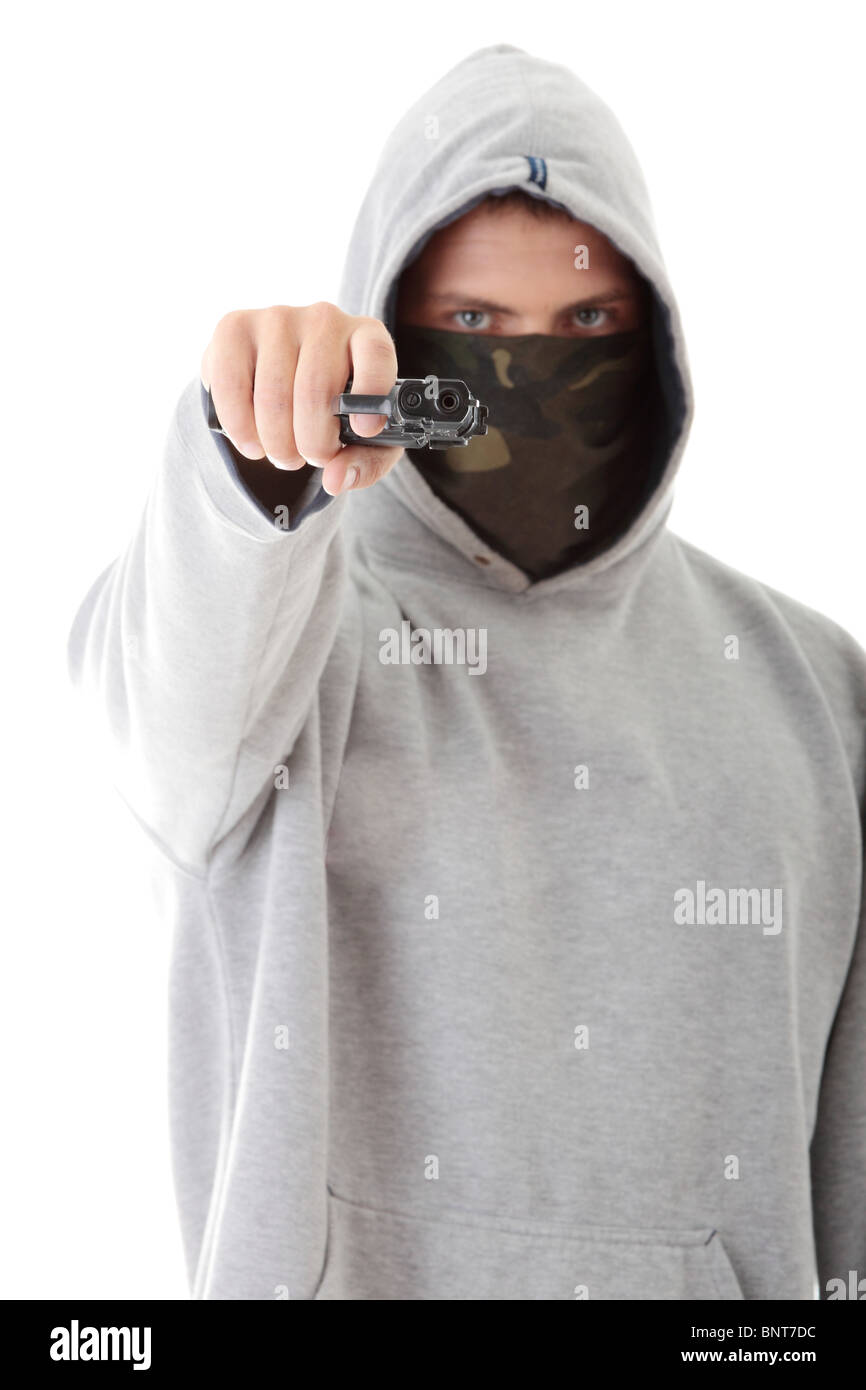 Criminal theme - masked man with gun, isolated on white Stock Photo - Alamy