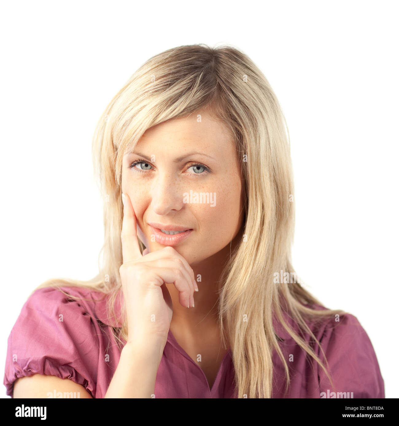 Beautiful Young Woman Thinking with hand on side of face Stock Photo ...