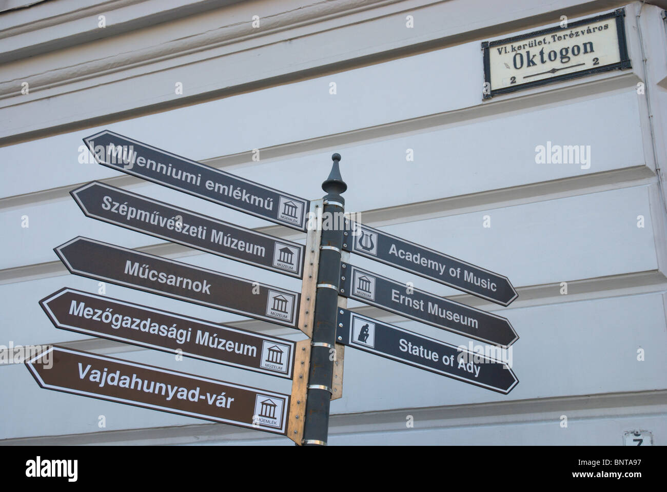 Signs in English and Hungarian at Octogon junctiion central Budapest ...