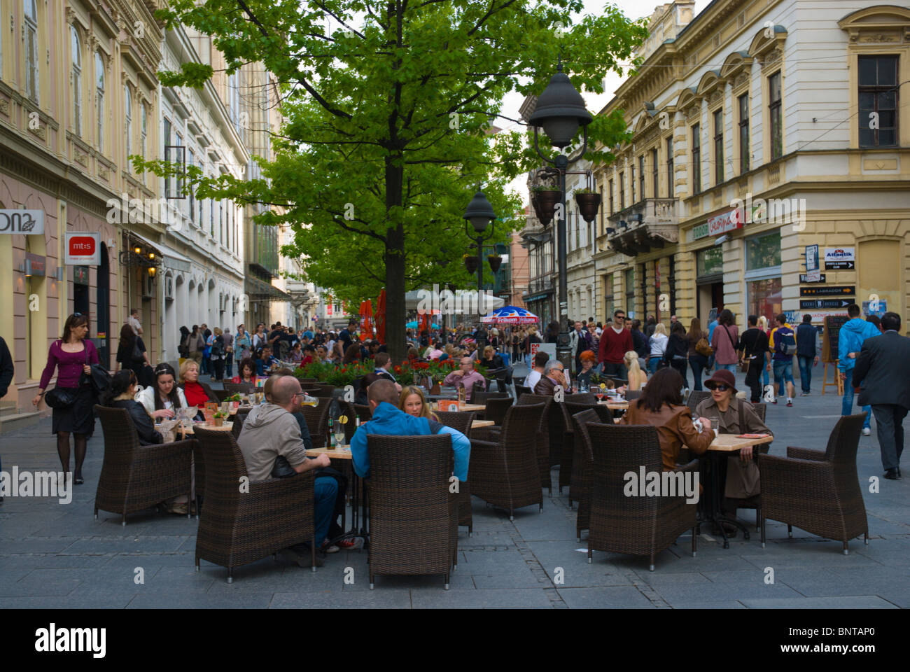 Cafe terrace Kneza Mihaila pedestrian street Belgrade Serbia Europe ...