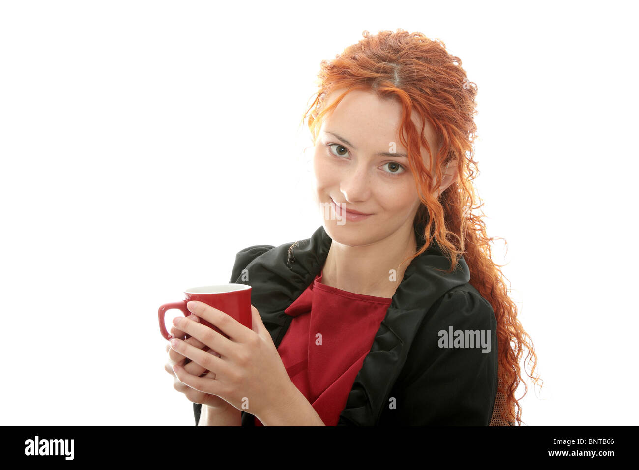 Beautiful deaf woman drinking coffee isolated on white Stock Photo - Alamy