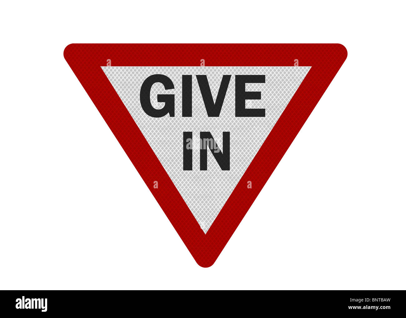 Photo realistic reflective metallic 'give in' sign, isolated on a pure ...