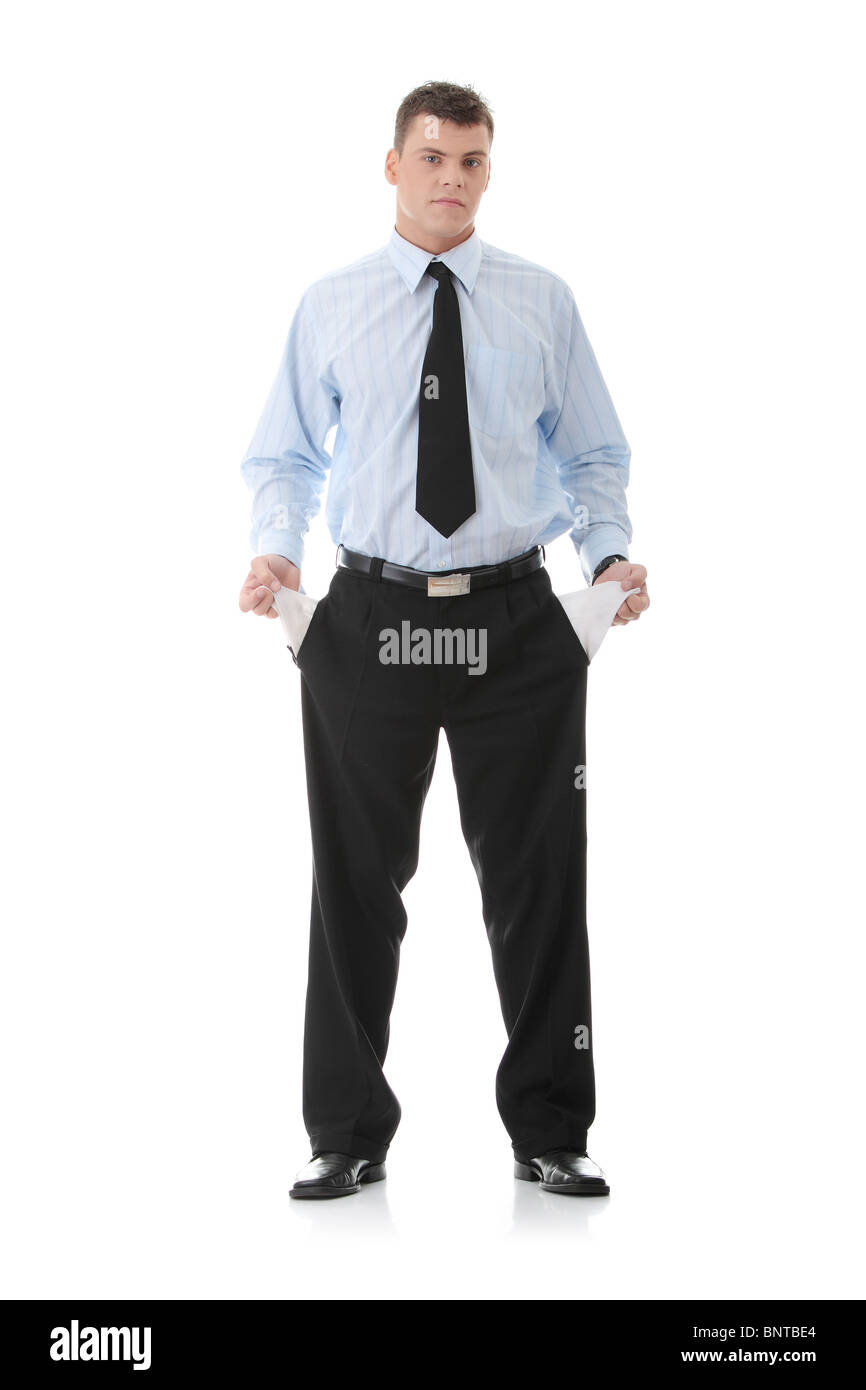 Sad and broke business man with empty pockets Stock Photo - Alamy