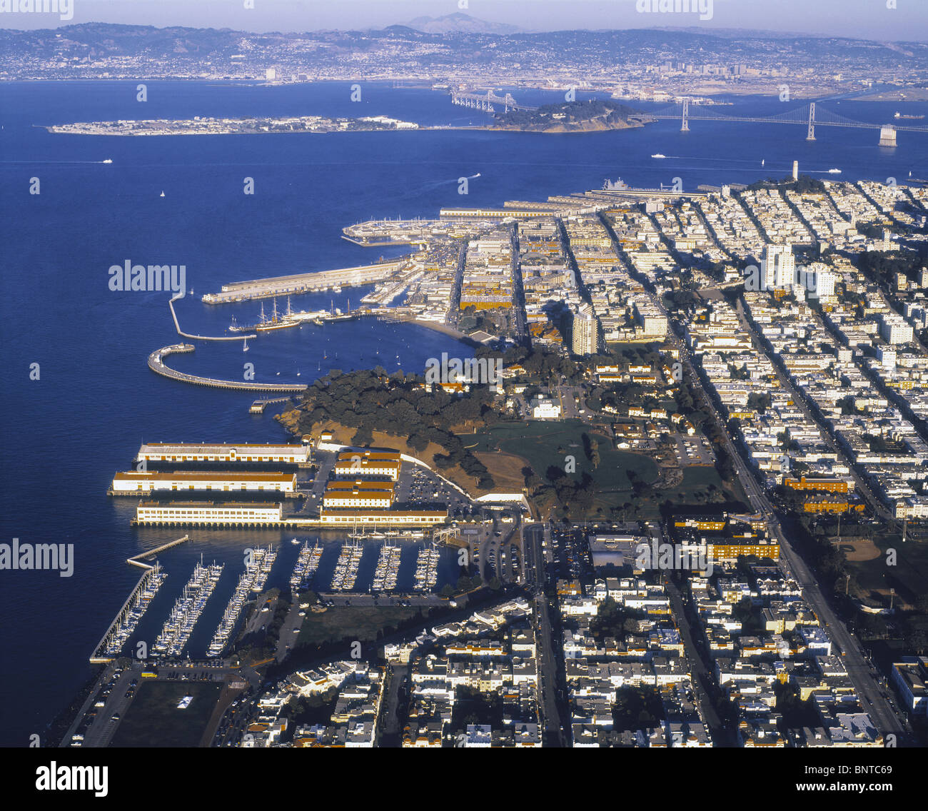 aerial view above Fort Mason Marina district San Francisco California ...