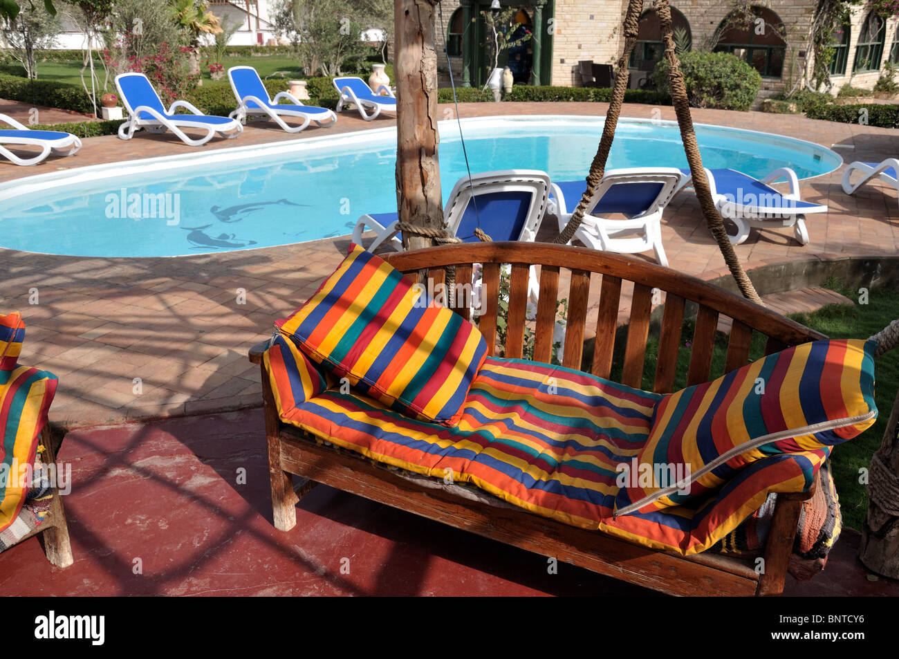 Relaxing picture of the cold hotel swimming pool with clear water and ...
