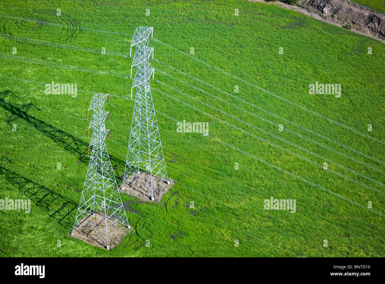 aerial view above electrical power transmission lines towers Sonoma ...