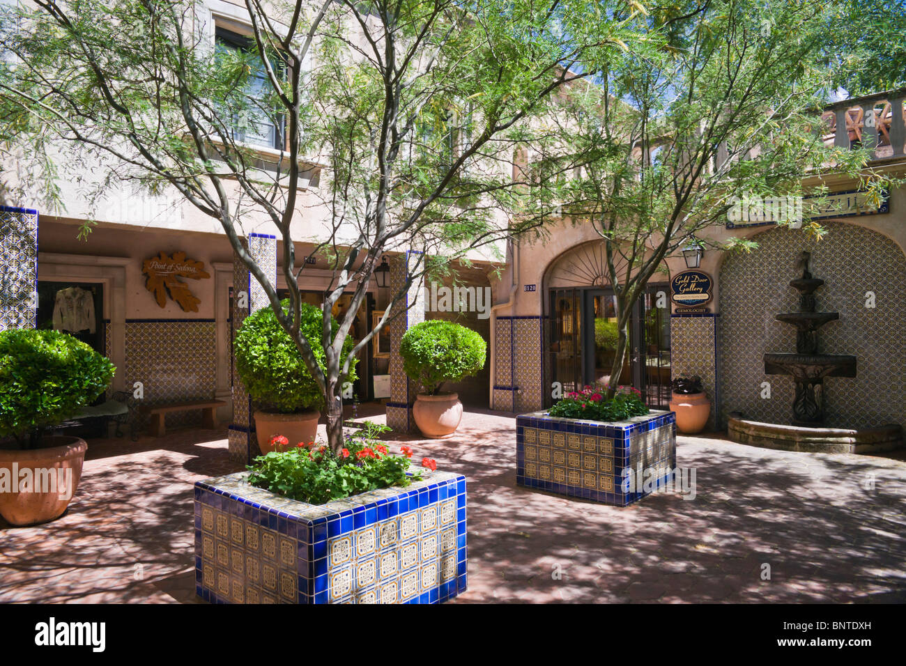 Sedona, Arizona, USA - courtyard with tiles and shading trees in ...
