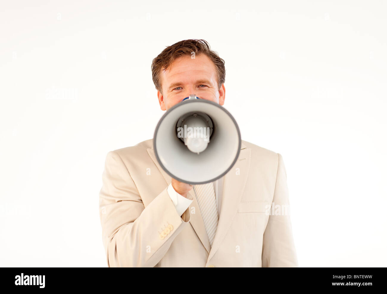 Mature businessman making a announcement via a megaphone Stock Photo ...