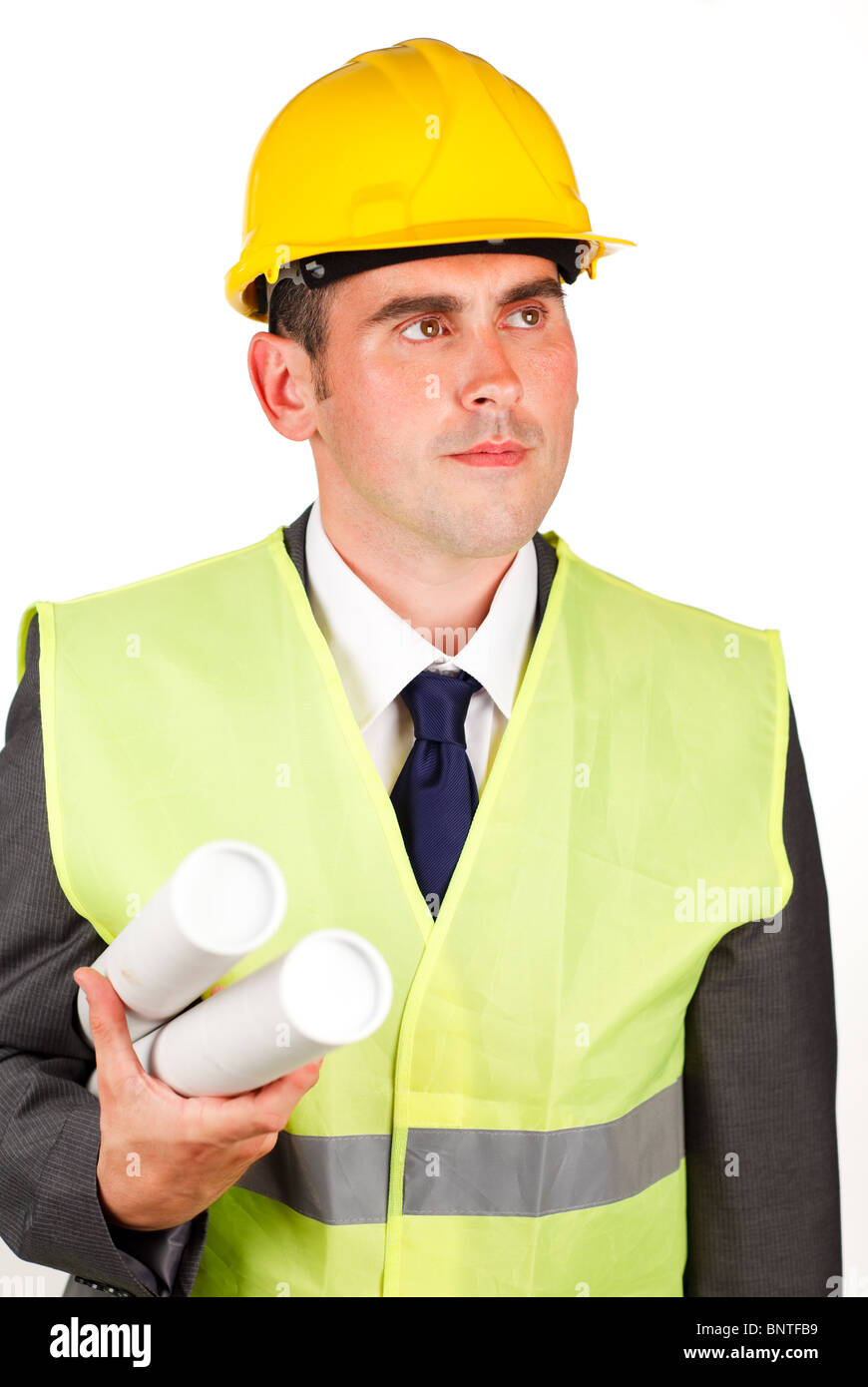 Male architect holding plans and wearing a hard hat Stock Photo - Alamy