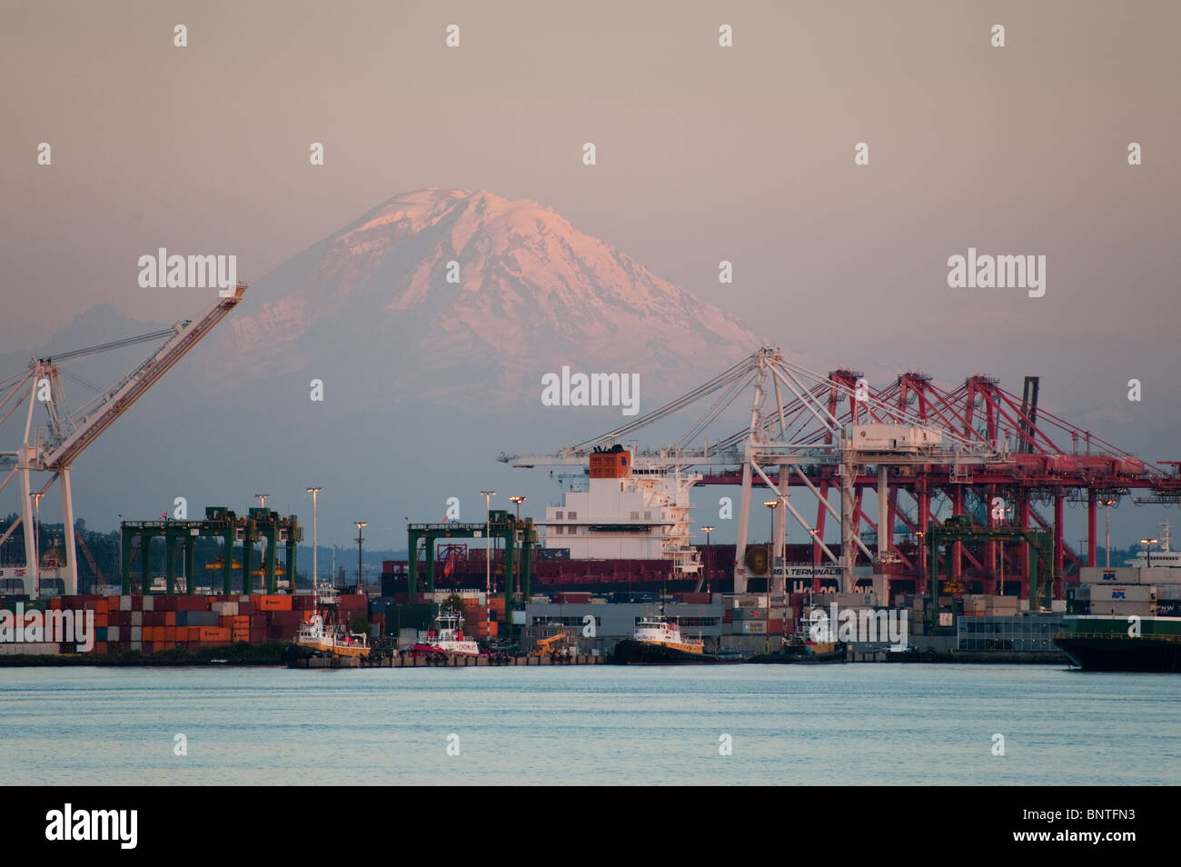 Huge cranes load and unload cargo at the Port of Seattle, Washington ...
