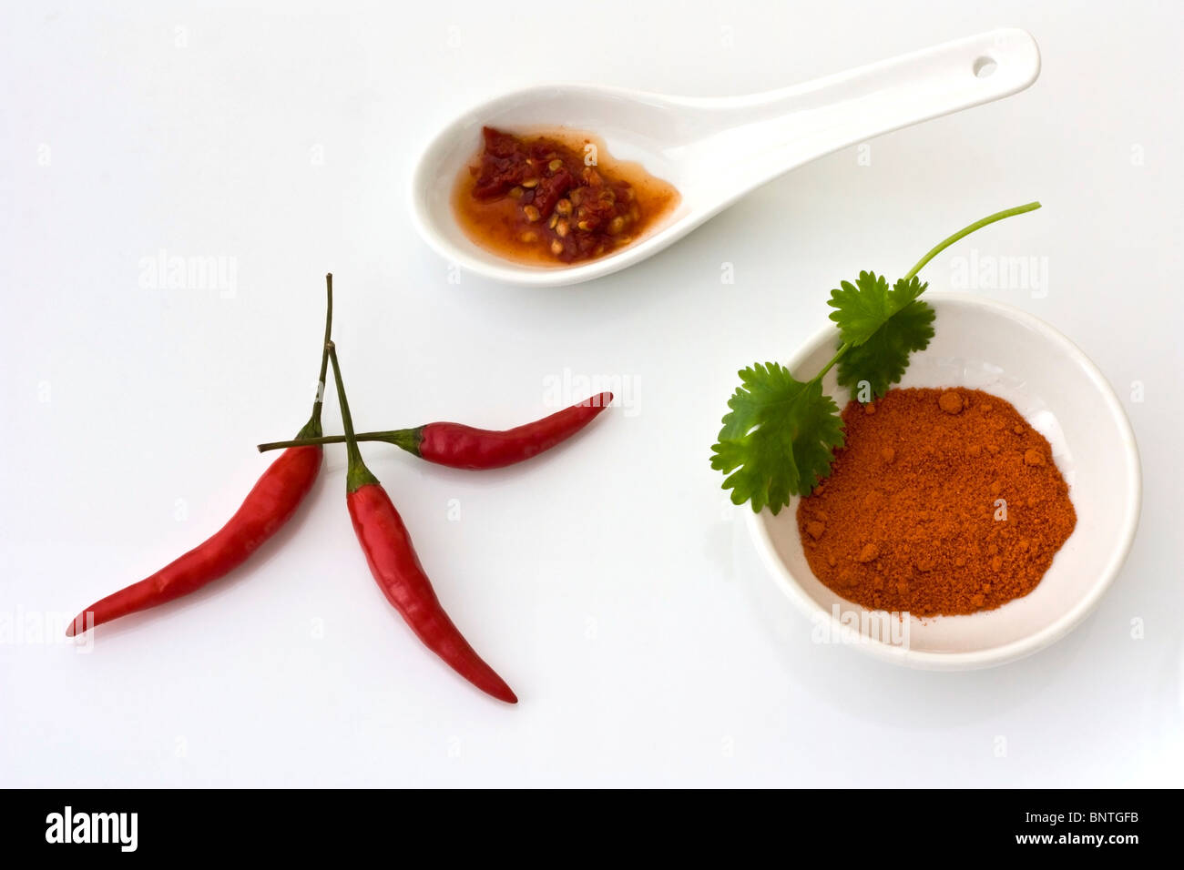 Chilli peppers, chilli powder and minced chilli on a white background ...