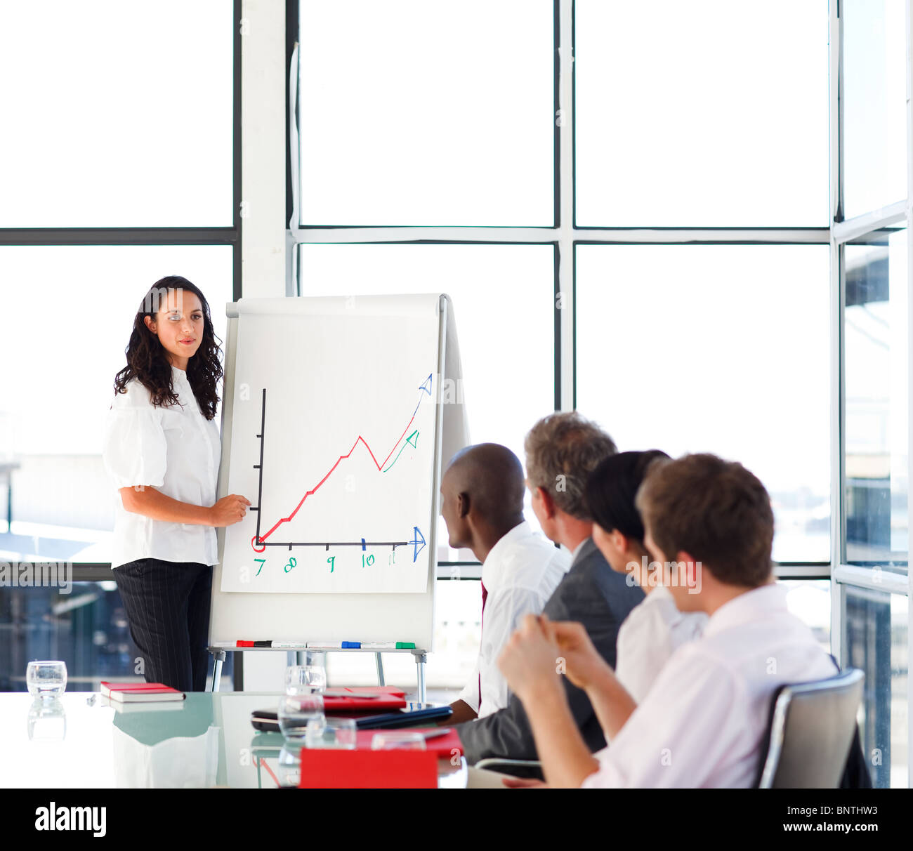Businesswoman reporting sales figures to her team Stock Photo - Alamy