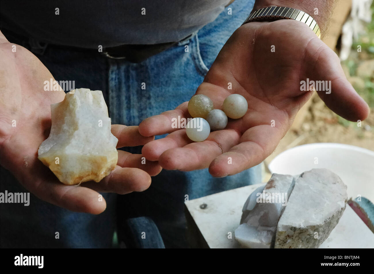 Paul Davis makes his own flint marbles for competition at the Monroe ...