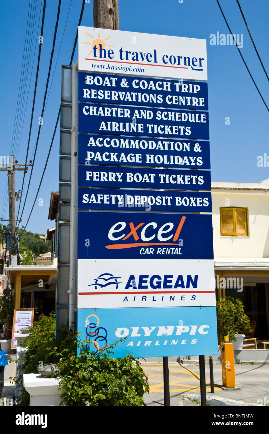 Street signs for tourists in Kassiopi on the Greek Mediterranean island ...