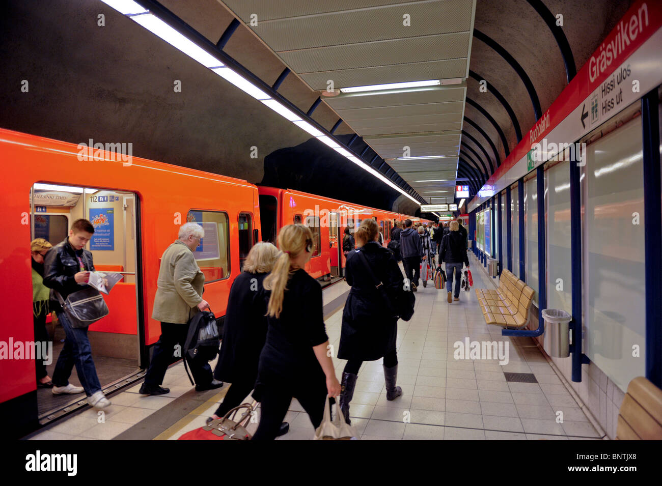 Helsinkis single line underground train at a station Stock Photo - Alamy