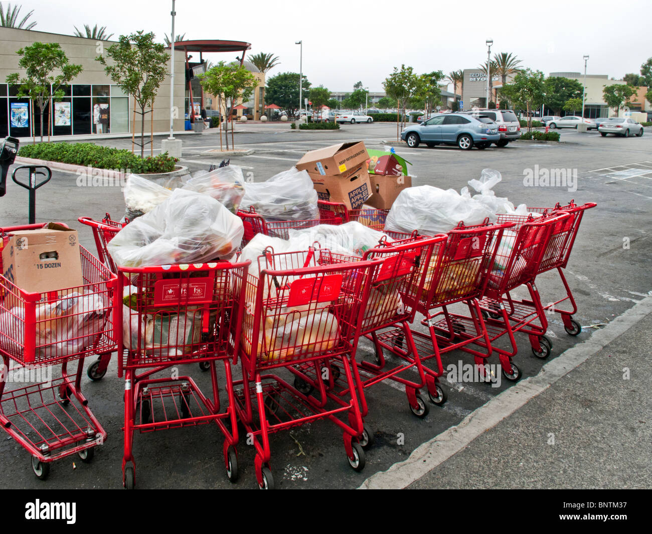 Food donations from a grocery store stand ready for pickup by a local ...
