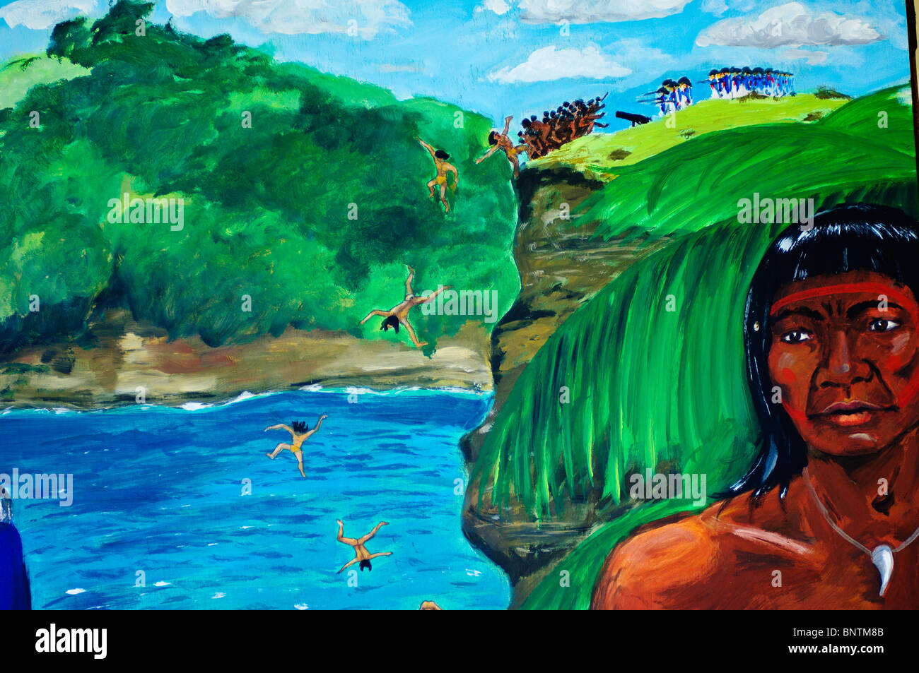 Painting of Carib Indians jumping from cliff at Carib's Leap, Grenada ...