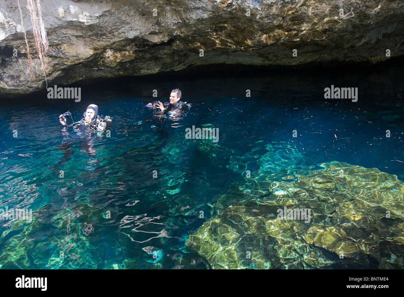 Scuba diving into Chac Mool, one of the cave systems on the Yucatan ...