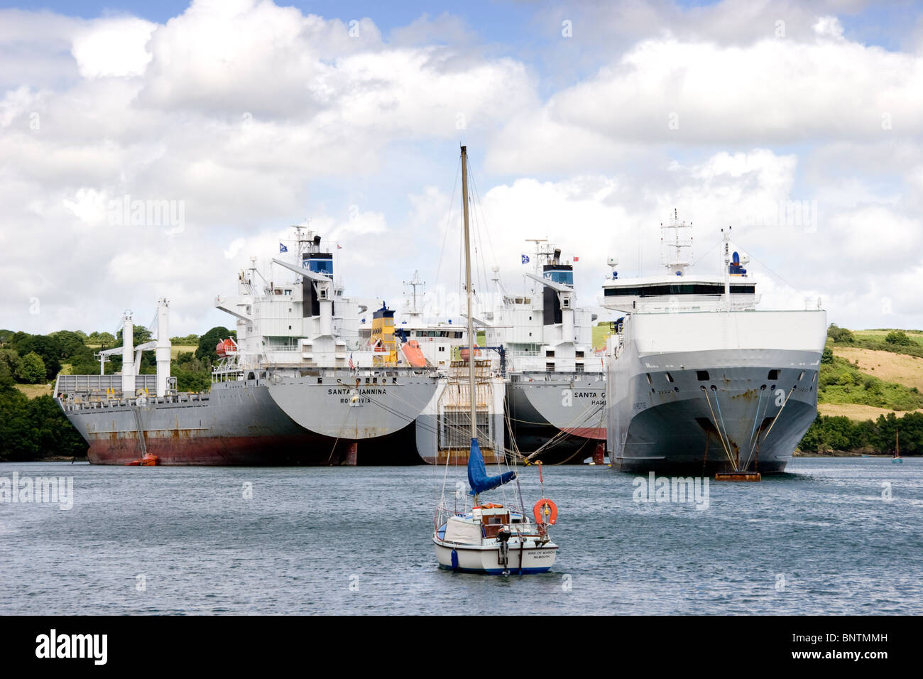 Container ships moored on the River Fal, Cornwall, England Stock Photo ...