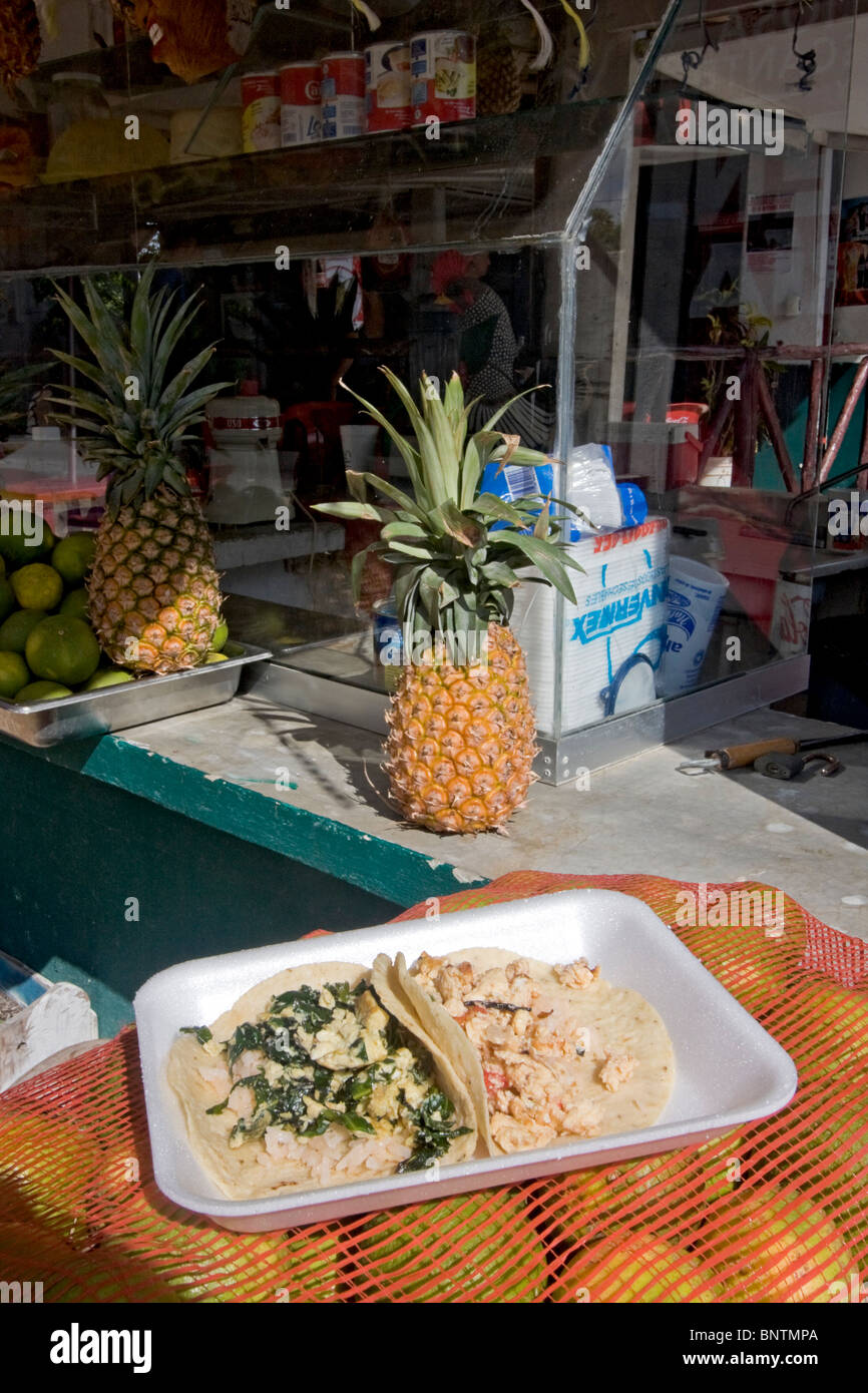Tortillas and eggs, a typical Mexican + Mayan snack, served at roadside ...