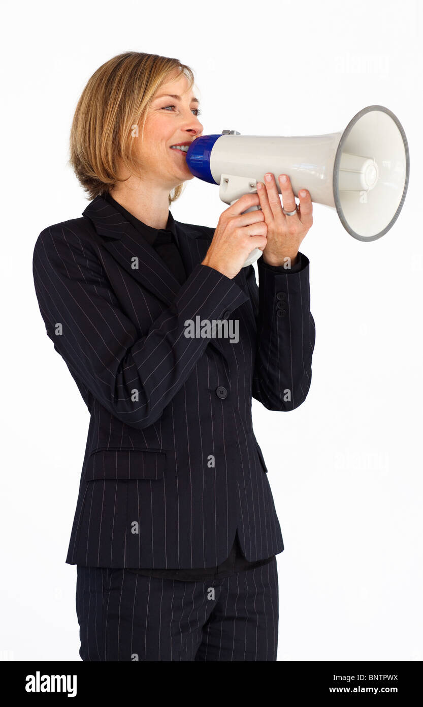 Businesswoman shouting through a megaphone Stock Photo - Alamy