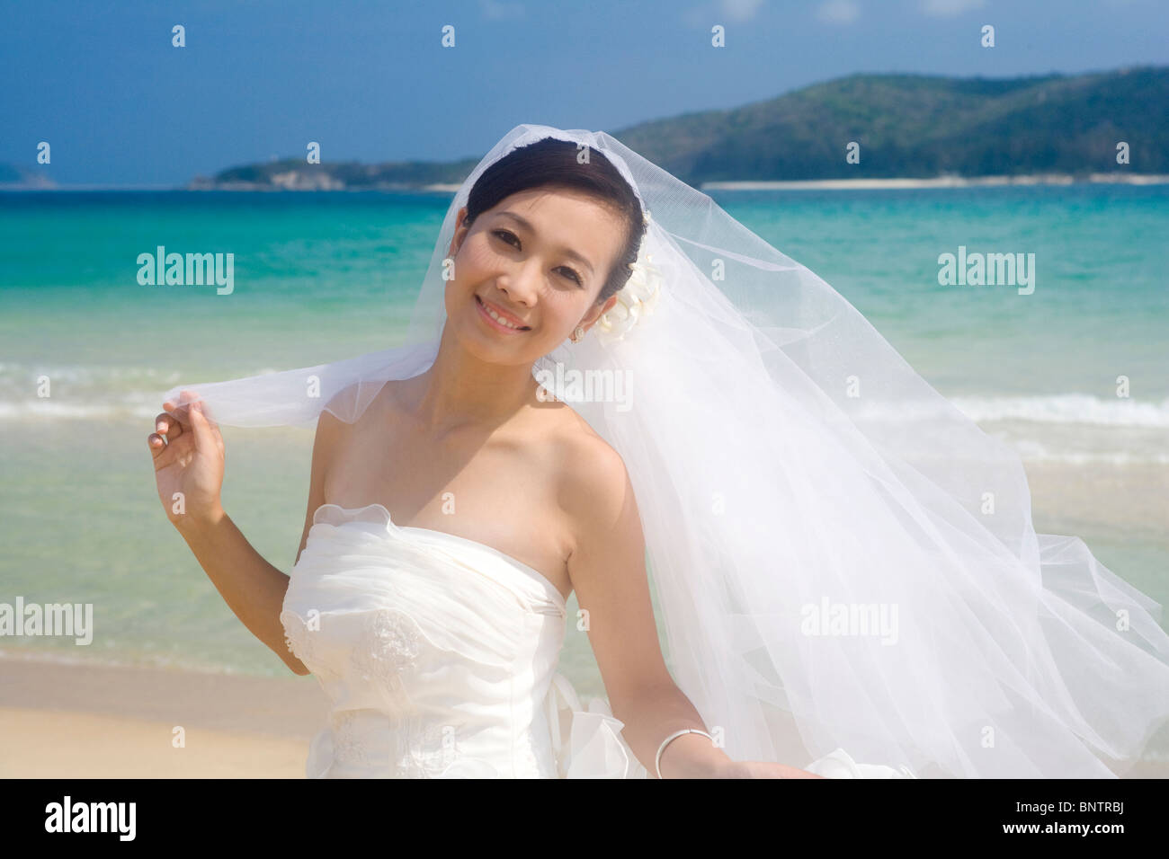 Bride in a veil on the beach Stock Photo - Alamy
